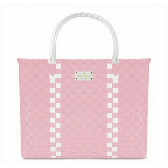 kate spade | Bags | New Kate Spadepinkwhite Basket Weavewoven Tote ...